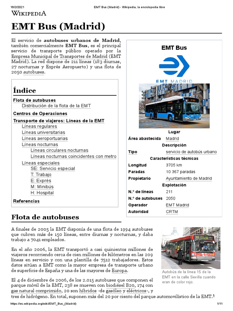 EMT Bus (Madrid) - Wikipedia, La Enciclopedia Libre | PDF | Autobús ...