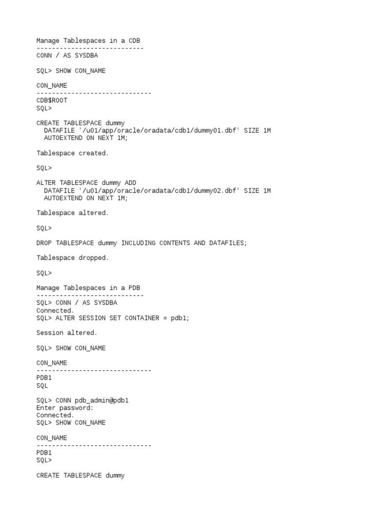 Manage Tablespaces in A Container Database (CDB) and Pluggable Database (PDB) | PDF | Computer ...