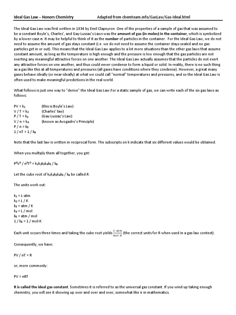Ideal Gas Law Notes | PDF | Gases | Mole (Unit)