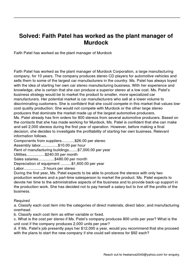 Faith Patel Has Worked As The Plant Manager of Murdock | PDF | Sales | Cost