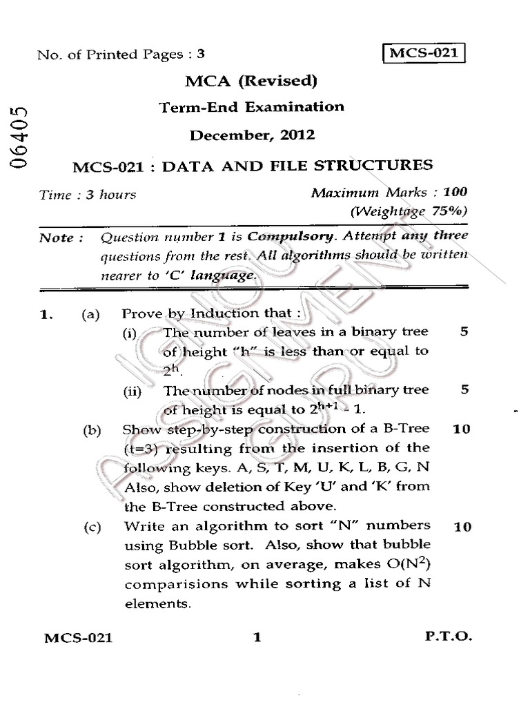 MCA (Revised) Term End Examination 71. December, 2012 Mcs-021: Data and File Structures | PDF ...