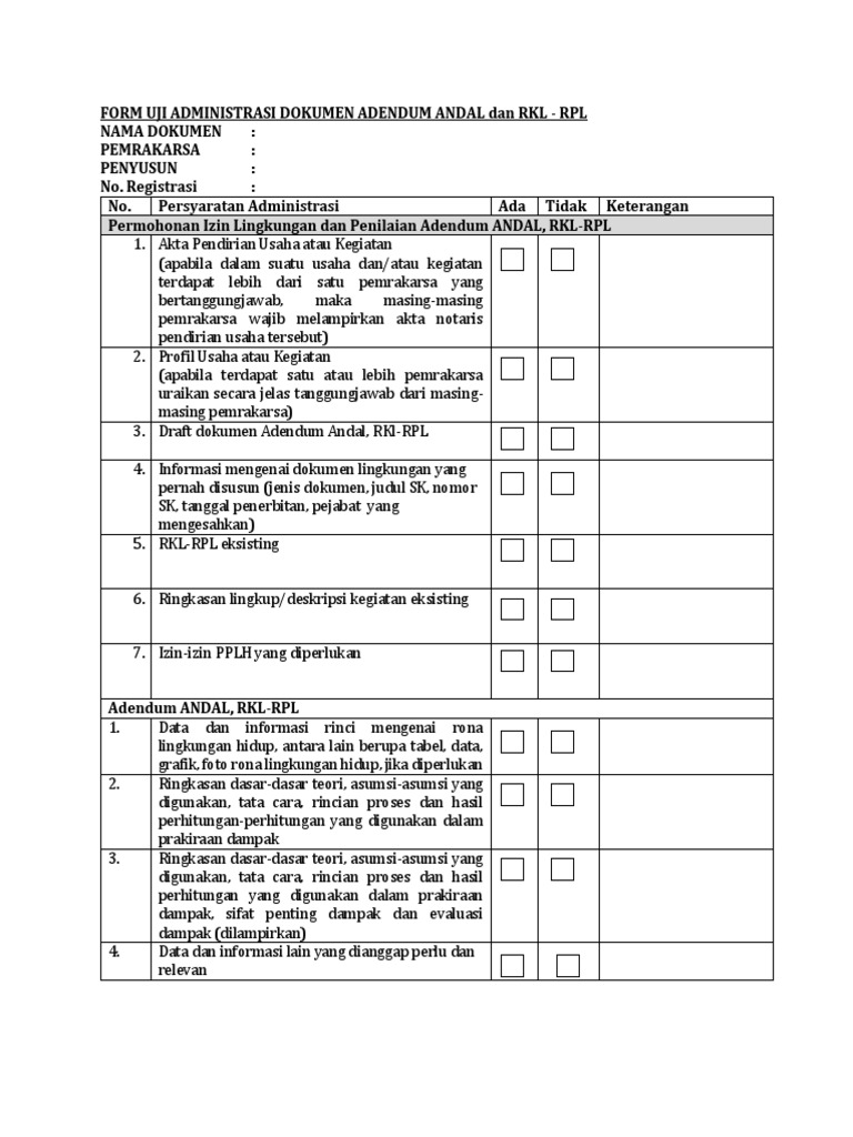 Form Uji Administrasi Dokumen Adendum Andal Dan RKL | PDF | Teknologi ...