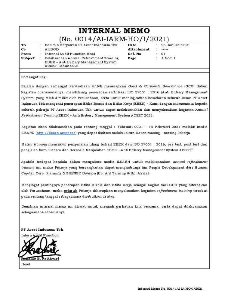 Internal Memo Annual Refreshment Training EBEK ABMS ACSET 2021-26 Jan ...