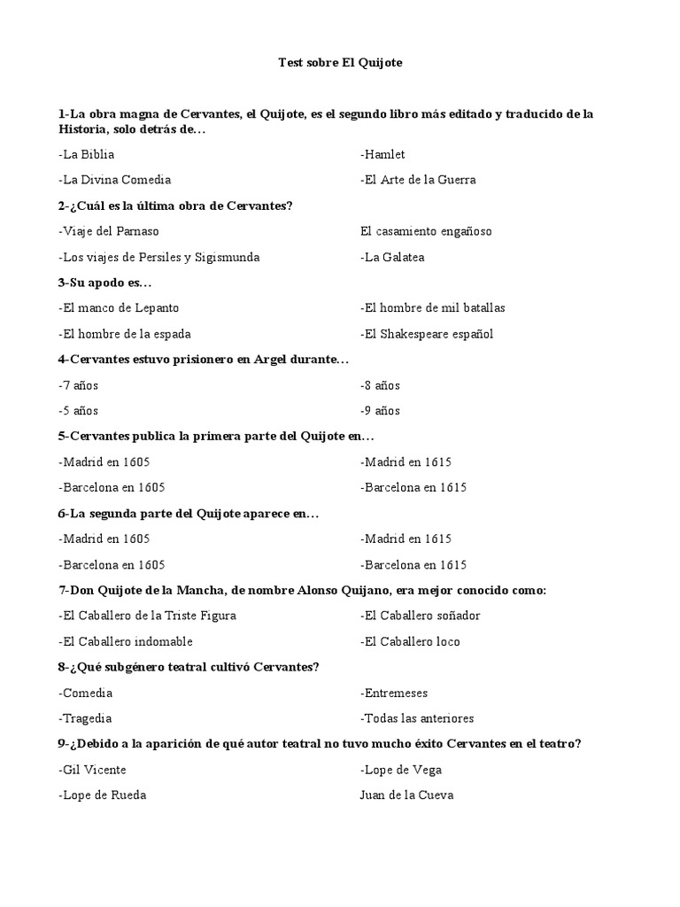 Test Sobre El Quijote | PDF | Miguel De Cervantes | Don Quijote