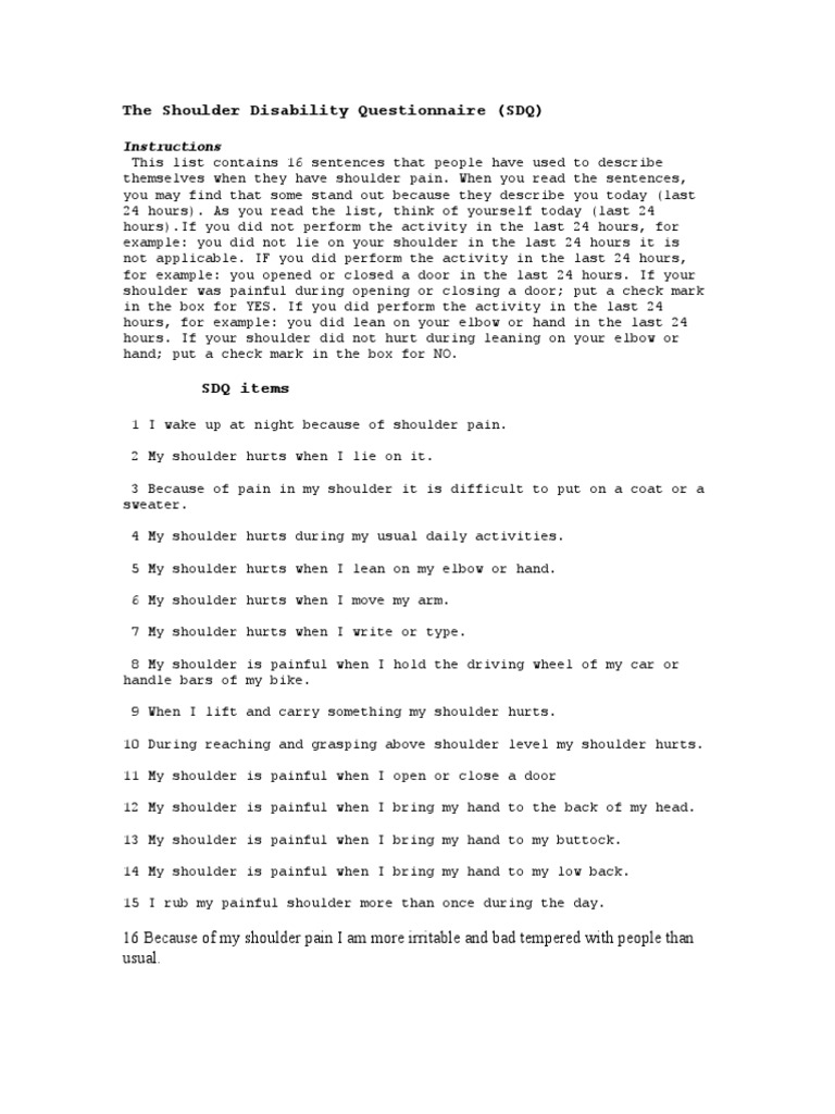 Shoulder Disability Questionnaire (SDQ) | PDF | Language Arts ...