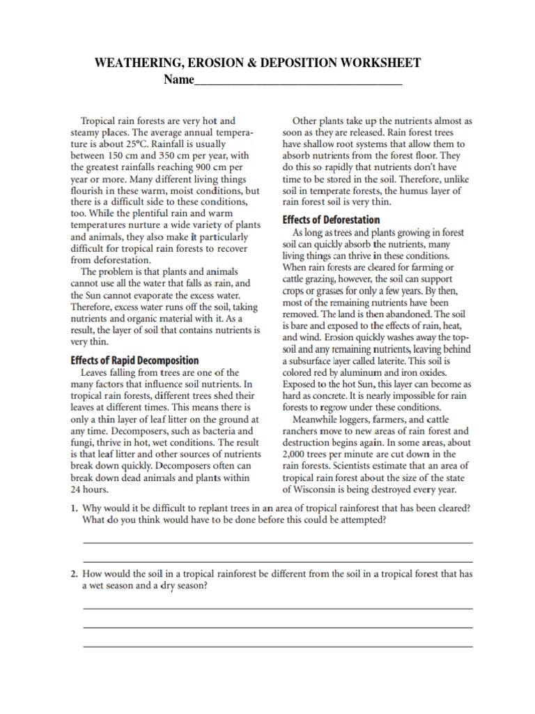 Weathering, Erosion & Deposition Worksheet | PDF | Weathering | Erosion