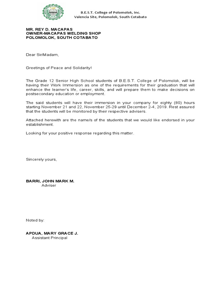 Endorsement Letter Work Immersion | PDF