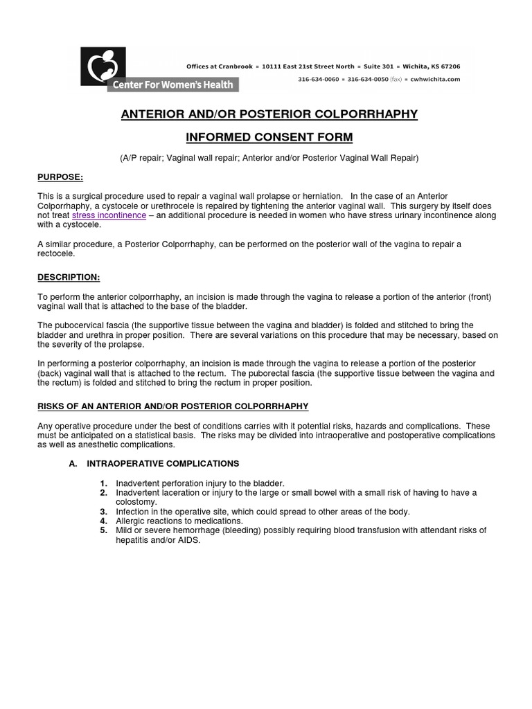 Anterior And/Or Posterior Colporrhaphy Informed Consent Form | PDF ...