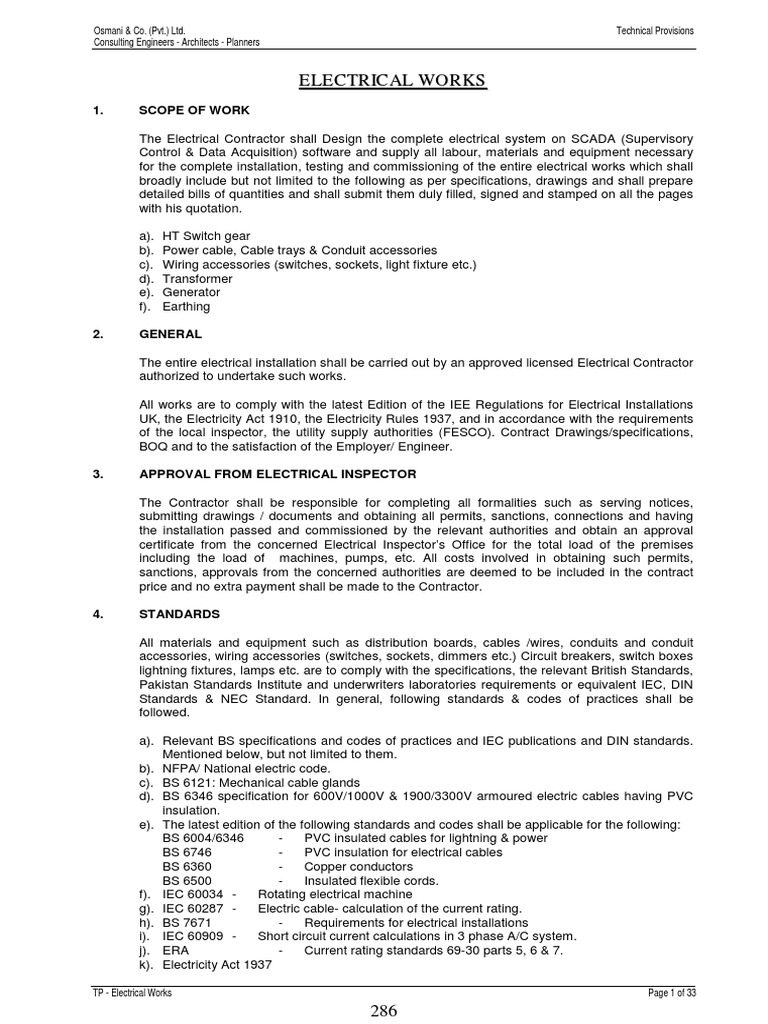 Electrical Work Specs | PDF | Electrical Wiring | Insulator (Electricity)