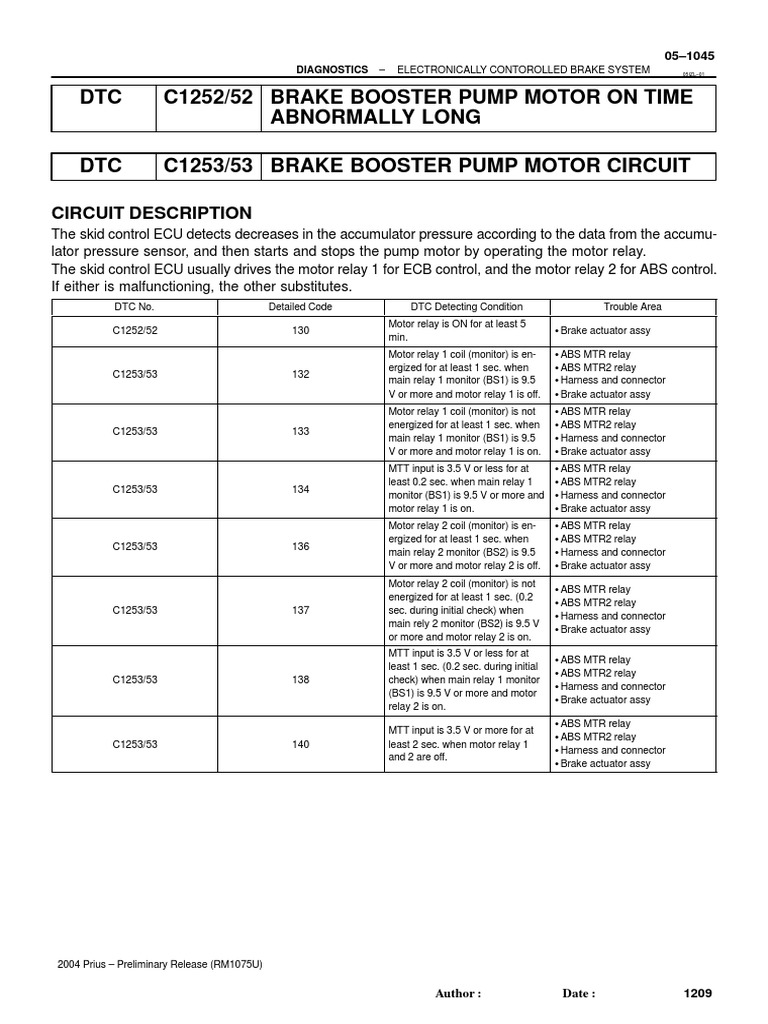 DTC C1252/52 Brake Booster Pump Motor On Time Abnormally Long DTC C1253 ...
