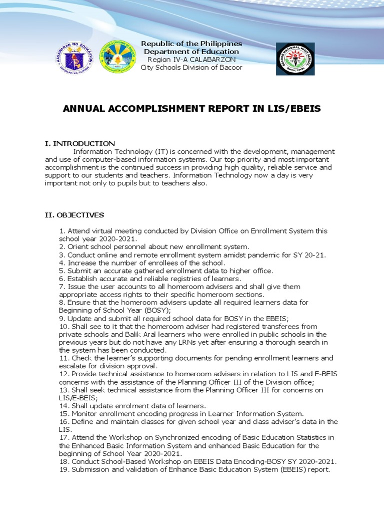 Accomplishment Report LISEBEISICT 2020-2021 | PDF | Internet Access ...