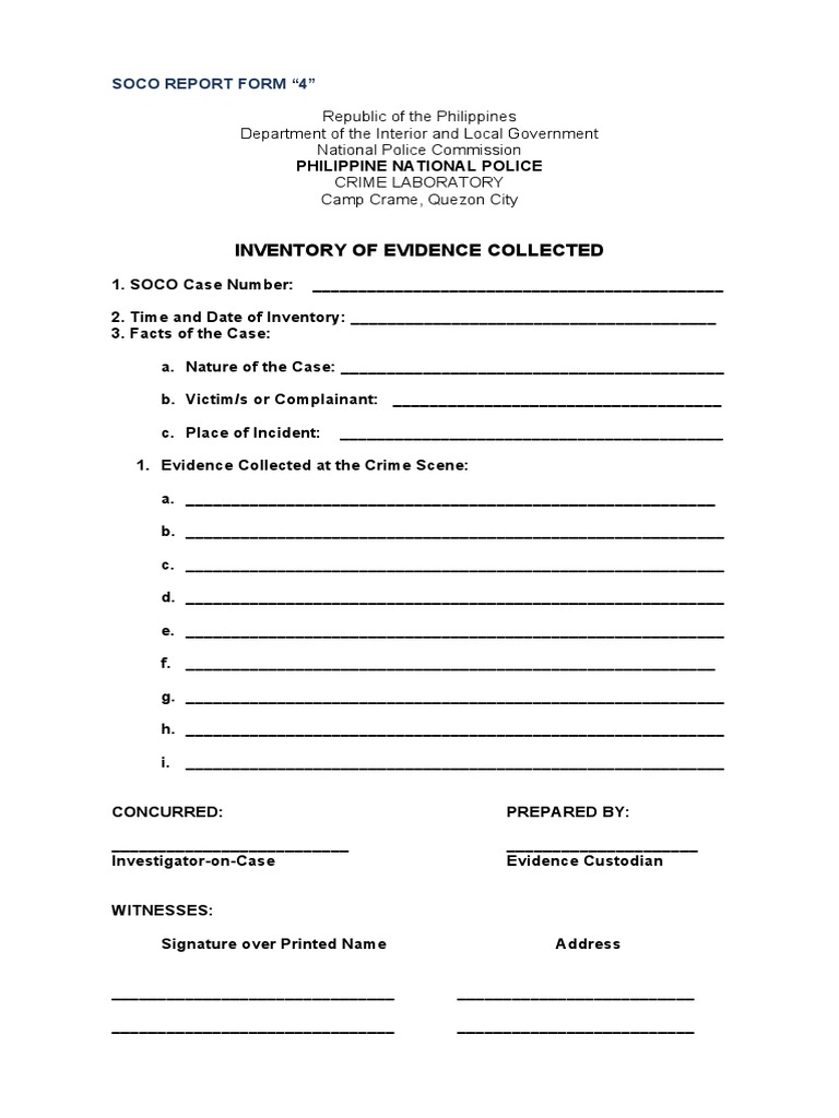 Inventory of Evidence Collected: Soco Report Form "4" | PDF