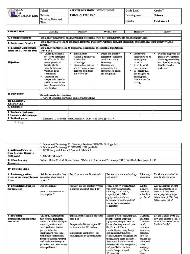 s7mt Ia 1 DLL Science 7 q1 Week 1 | PDF | Laboratories | Learning