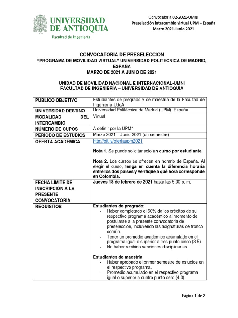 Convocatoria Upm Virtual 2021-2 | PDF | Educación avanzada