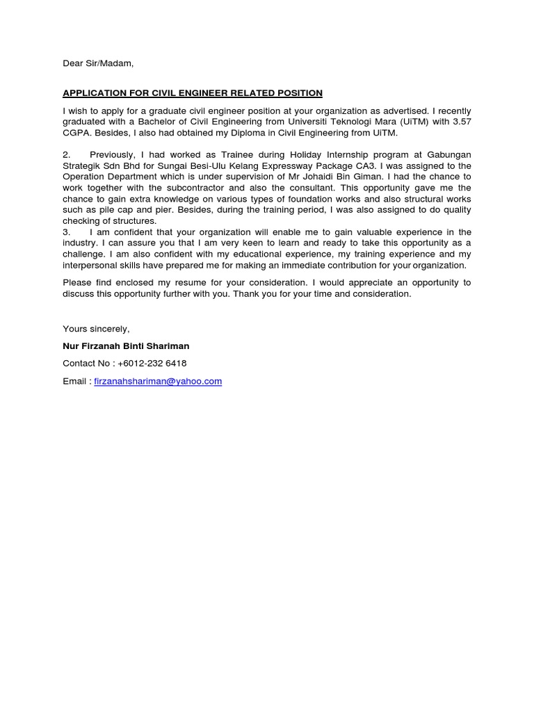 Cover Letter - NUR FIRZANAH-converted 2 | PDF | Technology & Engineering