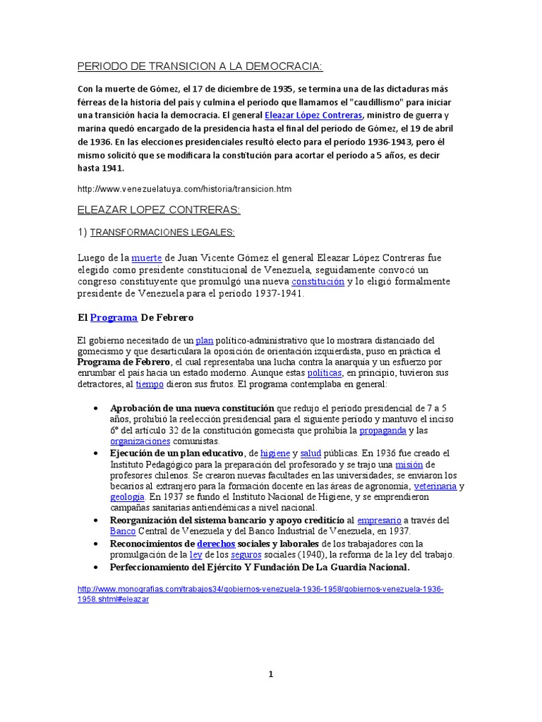 Periodo De Transicion A La Democracia Pdf Venezuela Democracia
