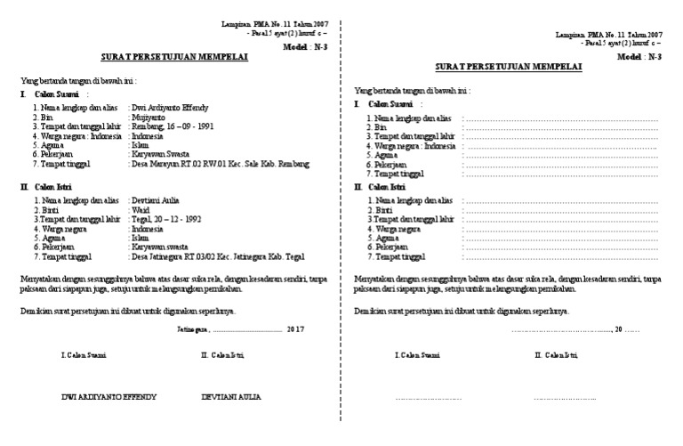 Contoh Surat Persetujuan Calon Mempelai N3 | PDF
