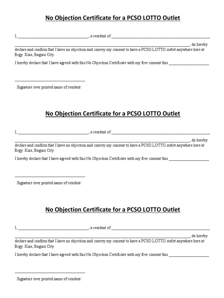No Objection Certificate For A PCSO LOTTO Outlet | PDF