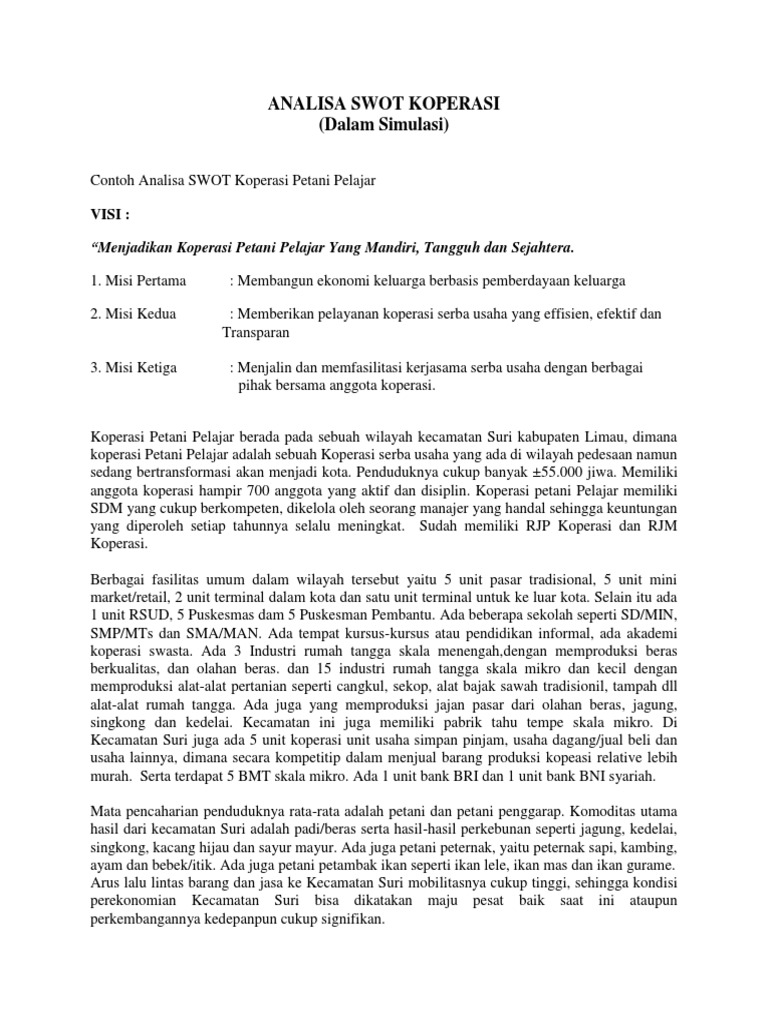 Analisa Swot Koperasi Lanjutan | PDF | Pengelolaan Keuangan & Uang