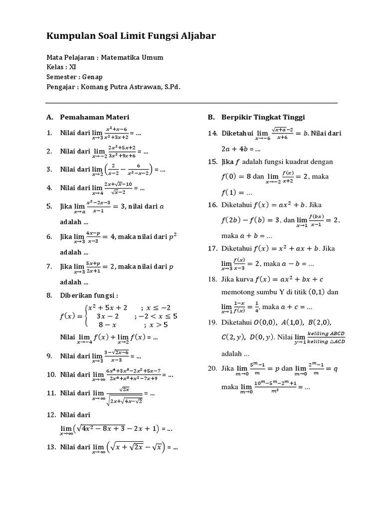 Kumpulan Soal Limit Fungsi Aljabar Kelas XI | PDF