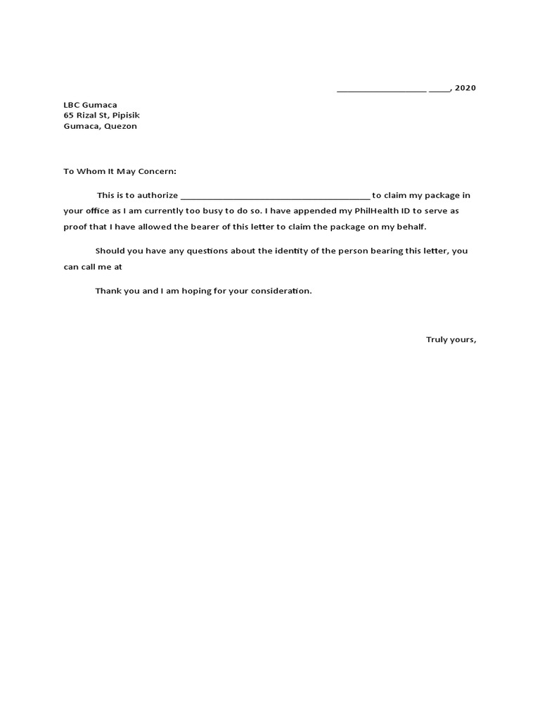 LBC Authorization Letter Scribd Sample | PDF | Finance & Money Management | Law