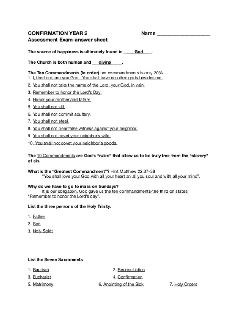 Confirmation Year 2 Exam Answer Sheet - Pages | PDF