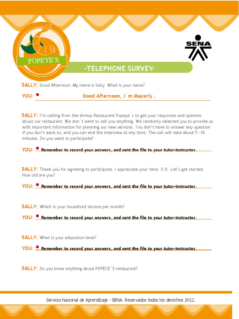 Telephone Survey - : Popeye S | Download Free PDF | Business