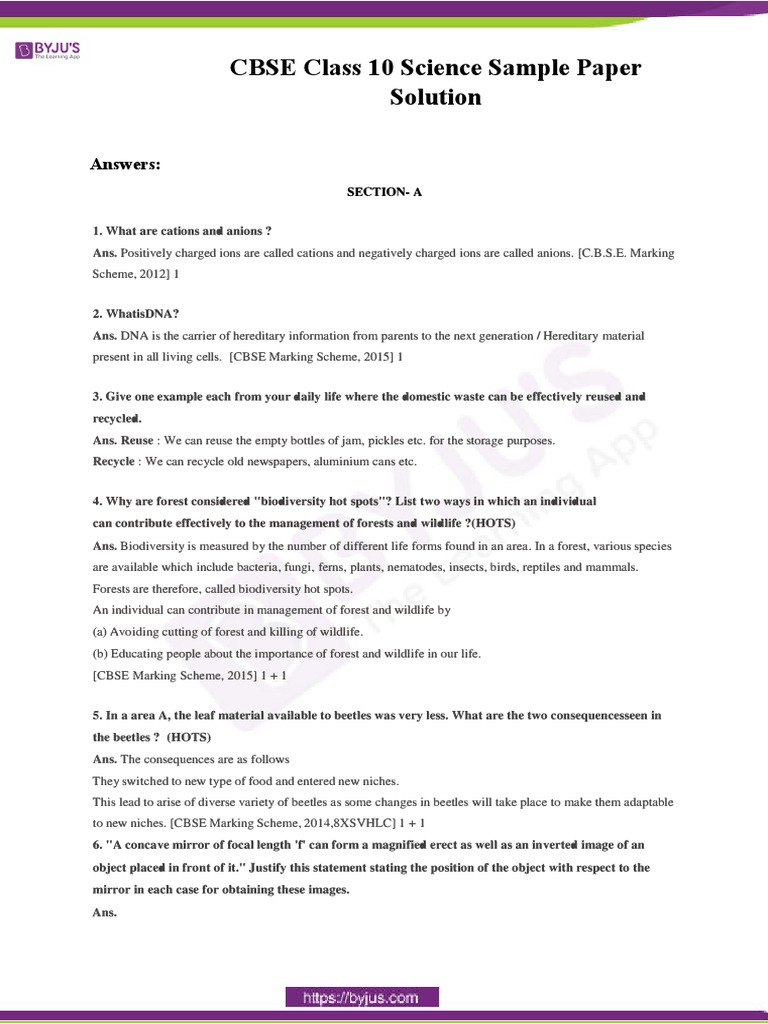 CBSE Class 10 Science Sample Paper Solution Set 2 | PDF | Electronic ...
