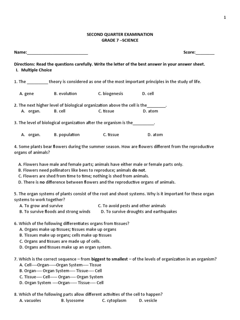 Grade 7 Science Examination Second Quarter | PDF | Reproduction | Organ ...