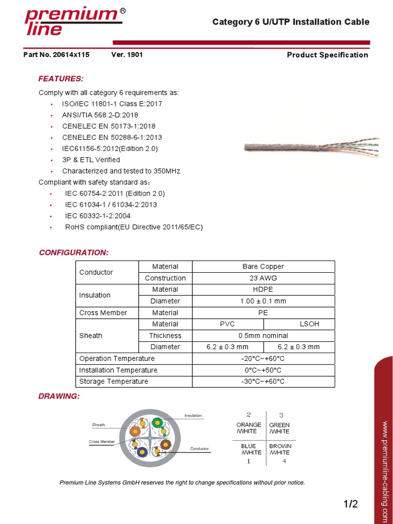 20614x115 Cat 6 U UTP Installation Cable V1901 | PDF | Manufactured ...