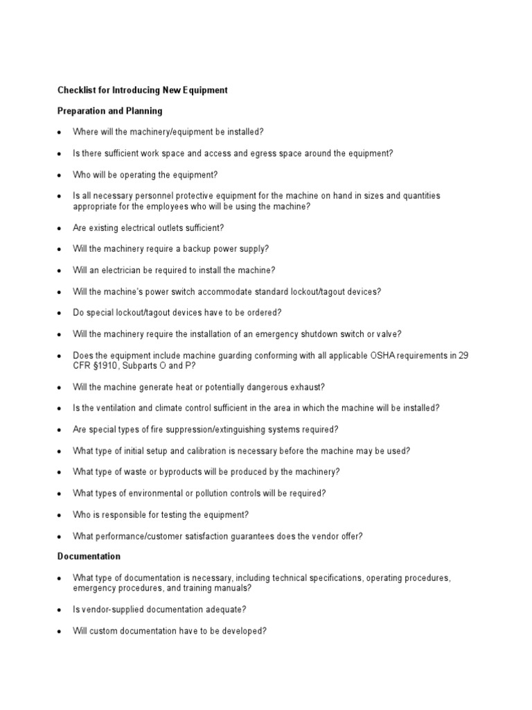 Checklist For Introducing New Equipment Preparation and Planning | PDF ...