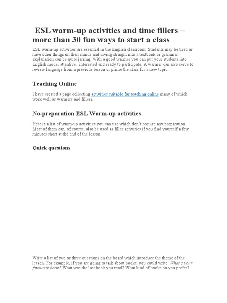 Esl Warm Up | PDF | Word | Vocabulary