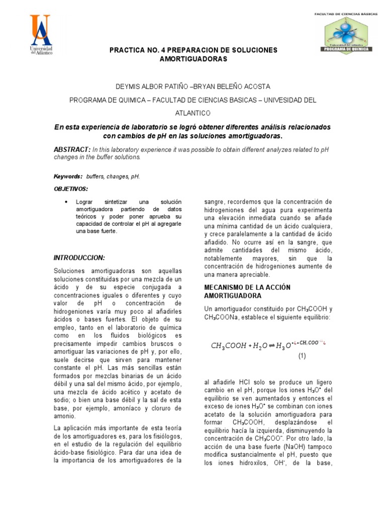 Practica 4 - Preparacion de Soluciones Amortiguadoras | PDF | Ácido | Ph