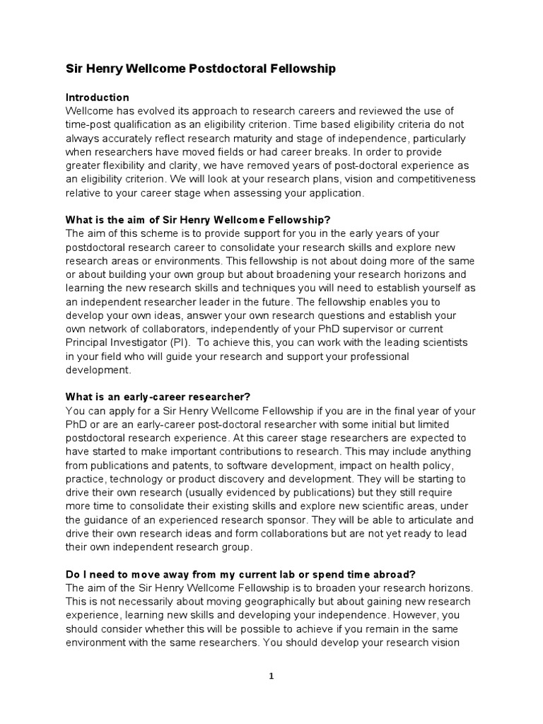 Sir Henry Wellcome Postdoctoral Fellowship | PDF | Doctor Of Philosophy ...
