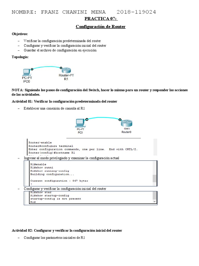 LAB. Practica 07 - Configurar Router - Enrutamiento Estatico - Franz Chanini | PDF | Enrutador ...