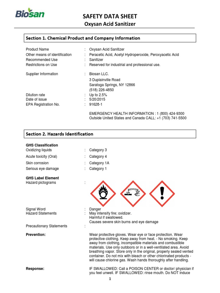 Safety Data Sheet: Oxysan Acid Sanitizer | PDF | Toxicity | Personal ...