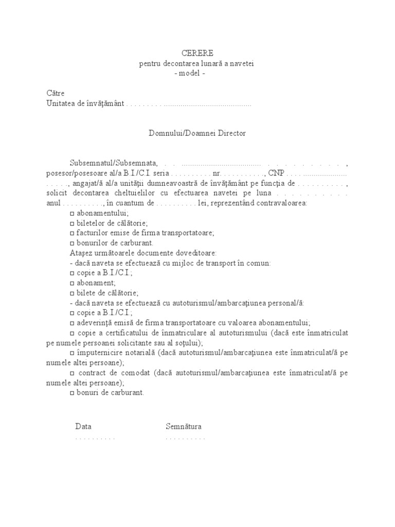 Model Cerere Decontare Naveta HG 569 | PDF