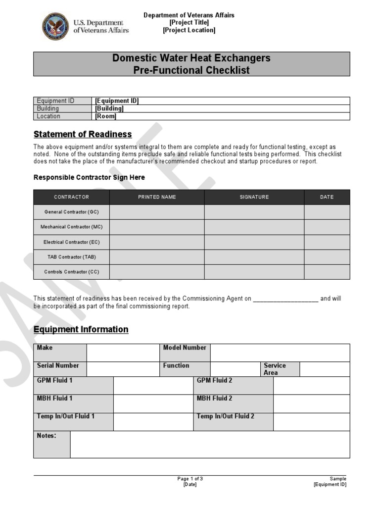 Domestic Water Heat Exchangers Pre-Functional Checklist: Statement of ...