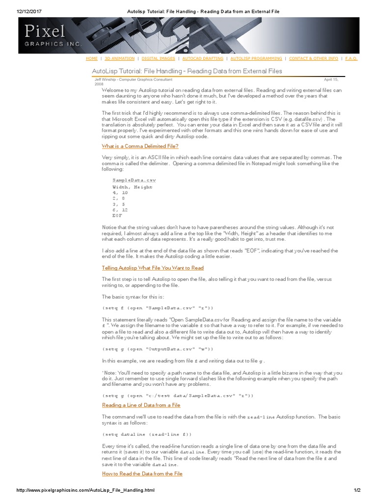 Autolisp Tutorial File Handling Reading Data From An External File Pdf Comma Separated