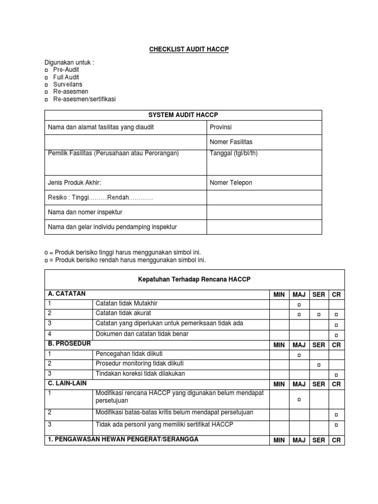 8 Contoh Tool Audit HACCP | PDF