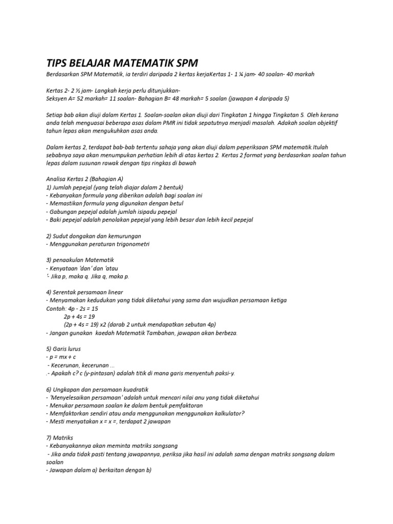 Tips SPM Matematik untuk Pelajar | PDF