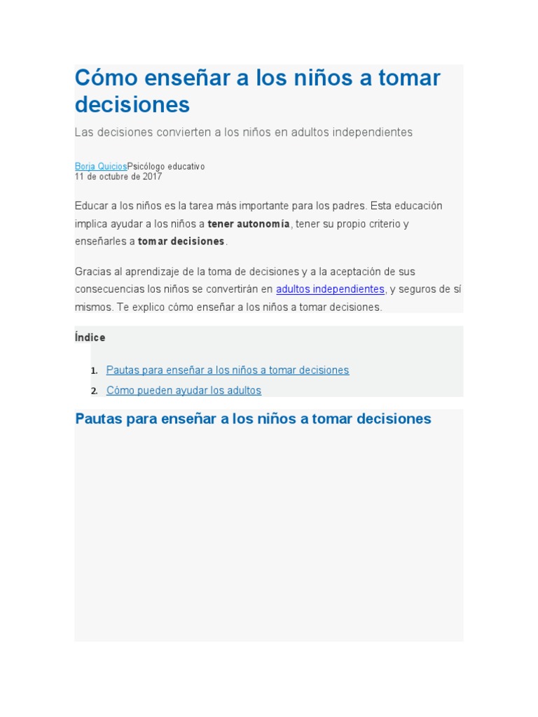 Cómo Enseñar A Los Niños A Tomar Decisiones | PDF | Toma de decisiones ...