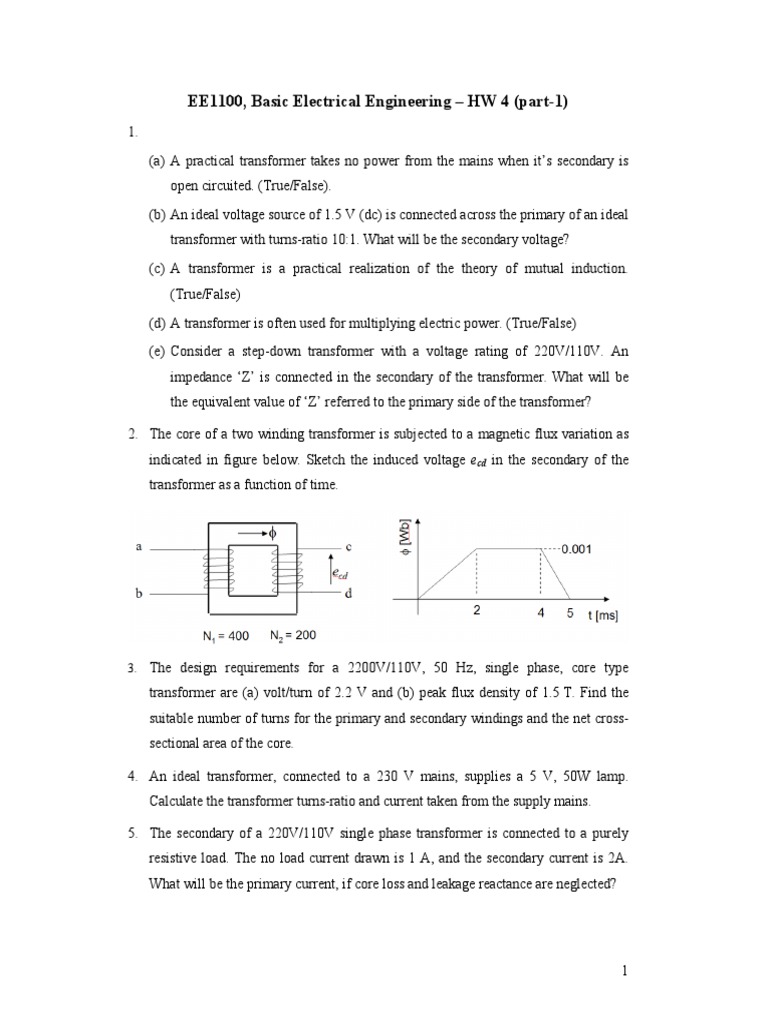 EE1100, Basic Electrical Engineering - HW 4 (Part-1) | PDF | Mains ...