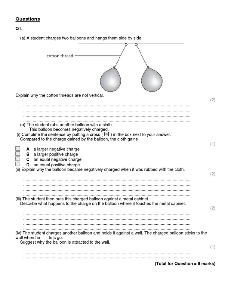 Static Electricity Question Paper | PDF | Electric Charge | Physical ...