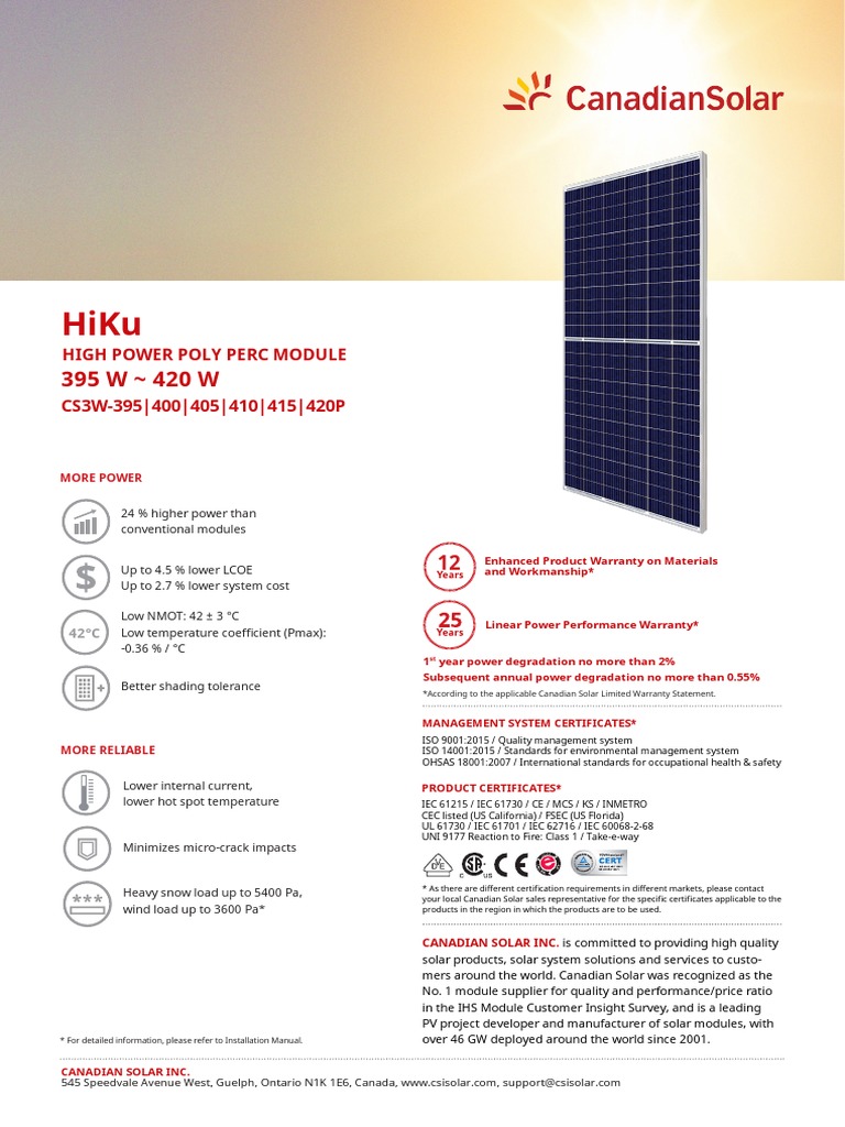 Canadian Solar Datasheet HiKu CS3W P en | PDF | Solar Panel ...