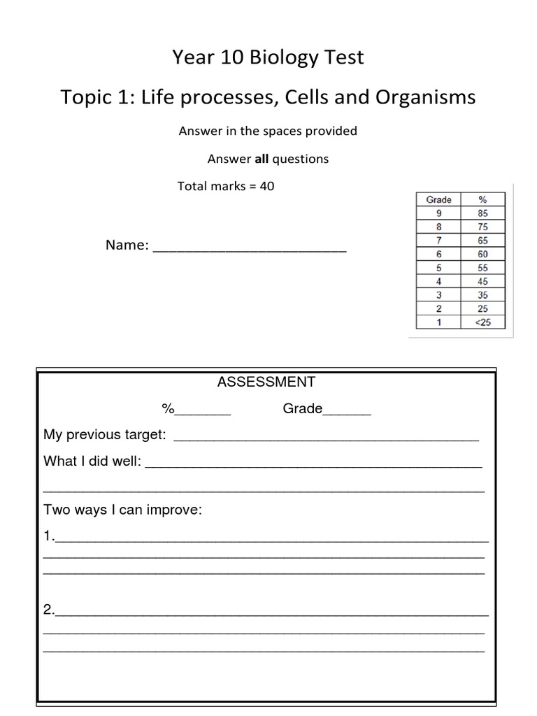 Topic 1 Test - Cells & Organisms 2019 | PDF | Organ (Anatomy) | Cell ...