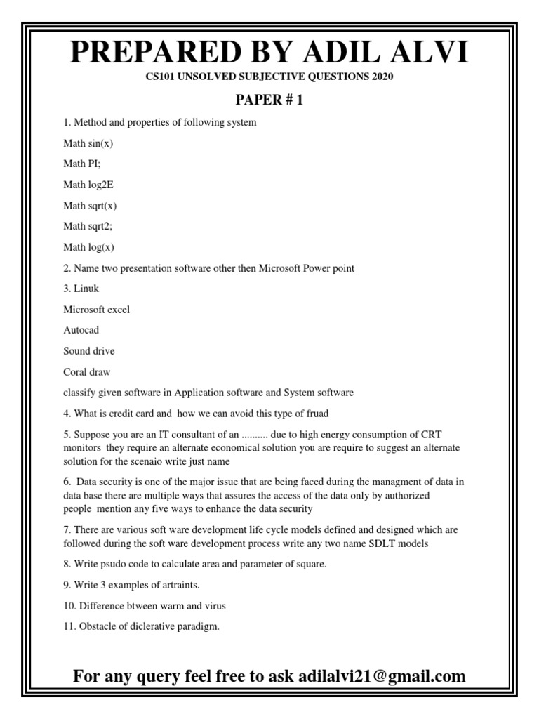CS101 Unsolved Subjective Questions 2020 | PDF | Microsoft Excel | Spreadsheet