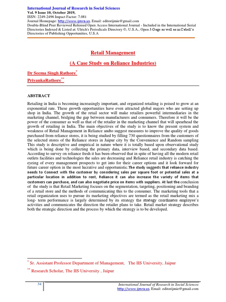 Retail Management (A Case Study On Reliance Industries) : DR Seema Singh Rathore Priyankarathore ...