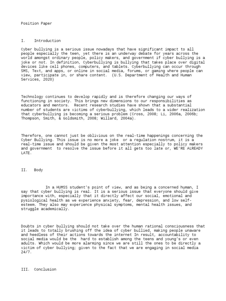 Position Paper | PDF | Cyberbullying | Bullying