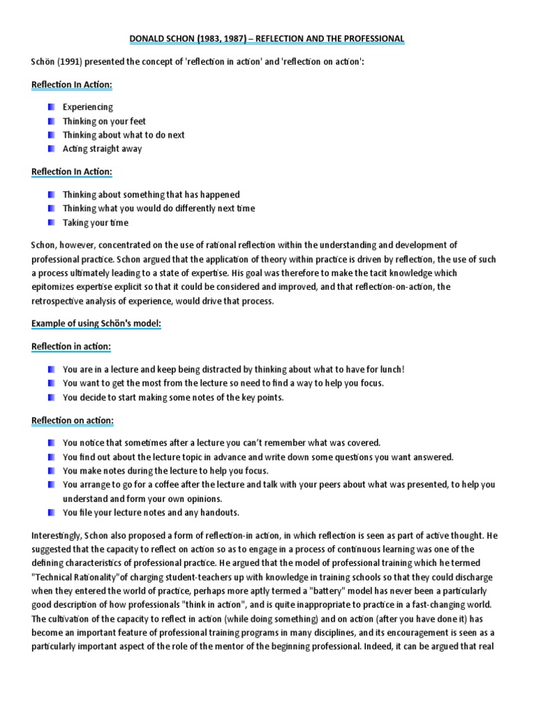 Donald Schon (1983, 1987) - Reflection and The Professional | PDF ...